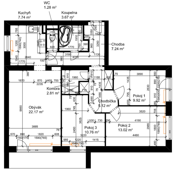 Dispozice - rozmístění stěn, vstupů, dveří, funkční byt